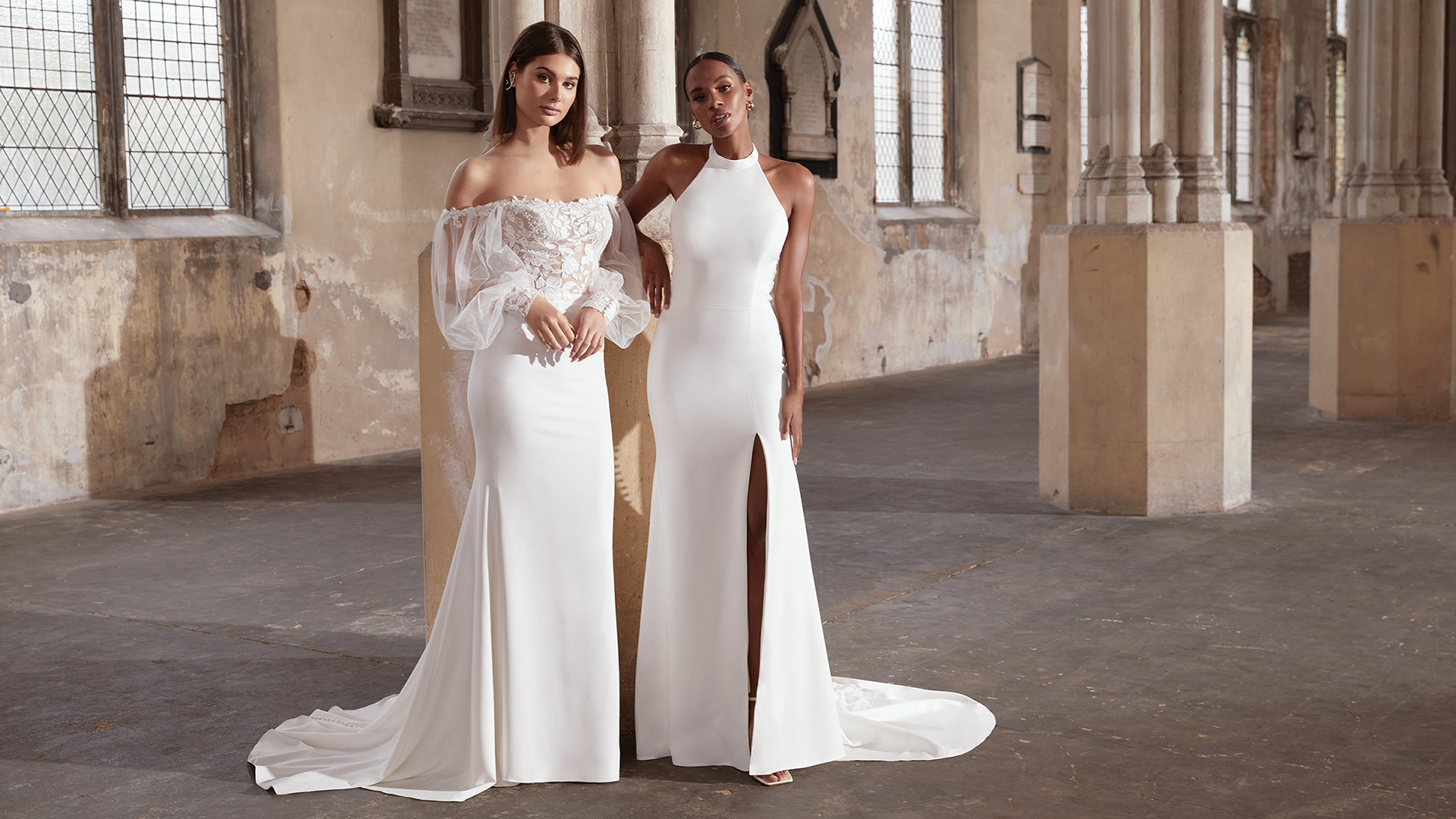 Emma: Crepe Fit and Flare Wedding Dress with Tulle Bishop Sleeves ...