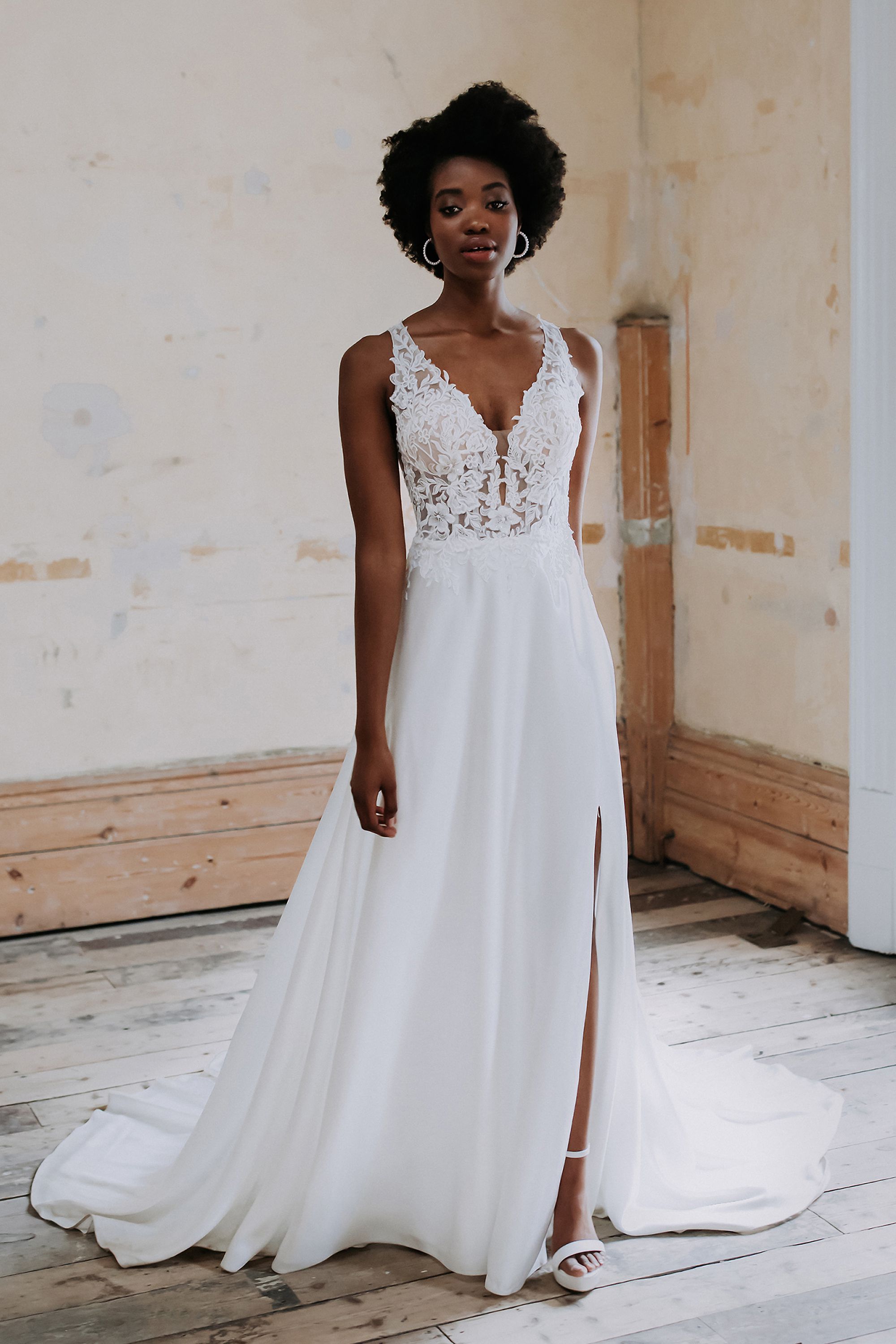 Burleigh: Plunging V-Neck Charmeuse A-Line Gown with Slit | Adore by ...