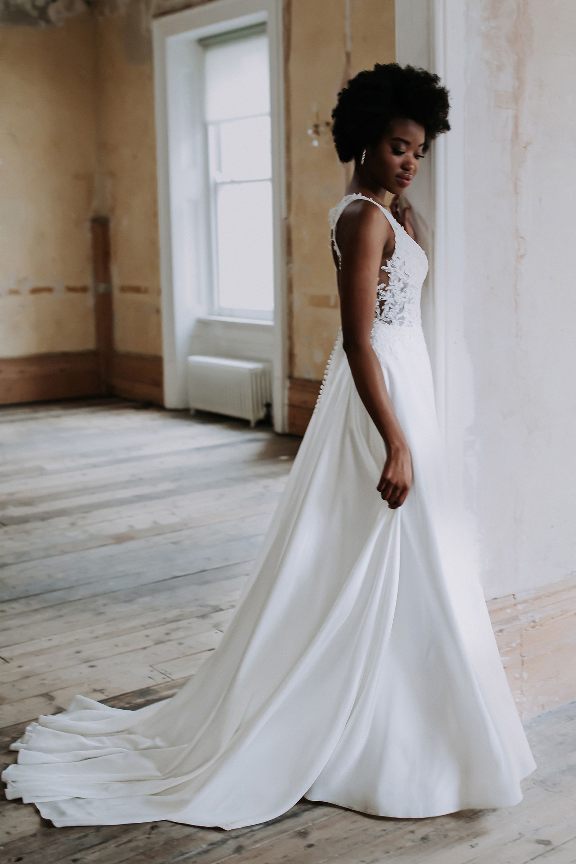Burleigh: Plunging V-Neck Charmeuse A-Line Gown with Slit | Adore by ...