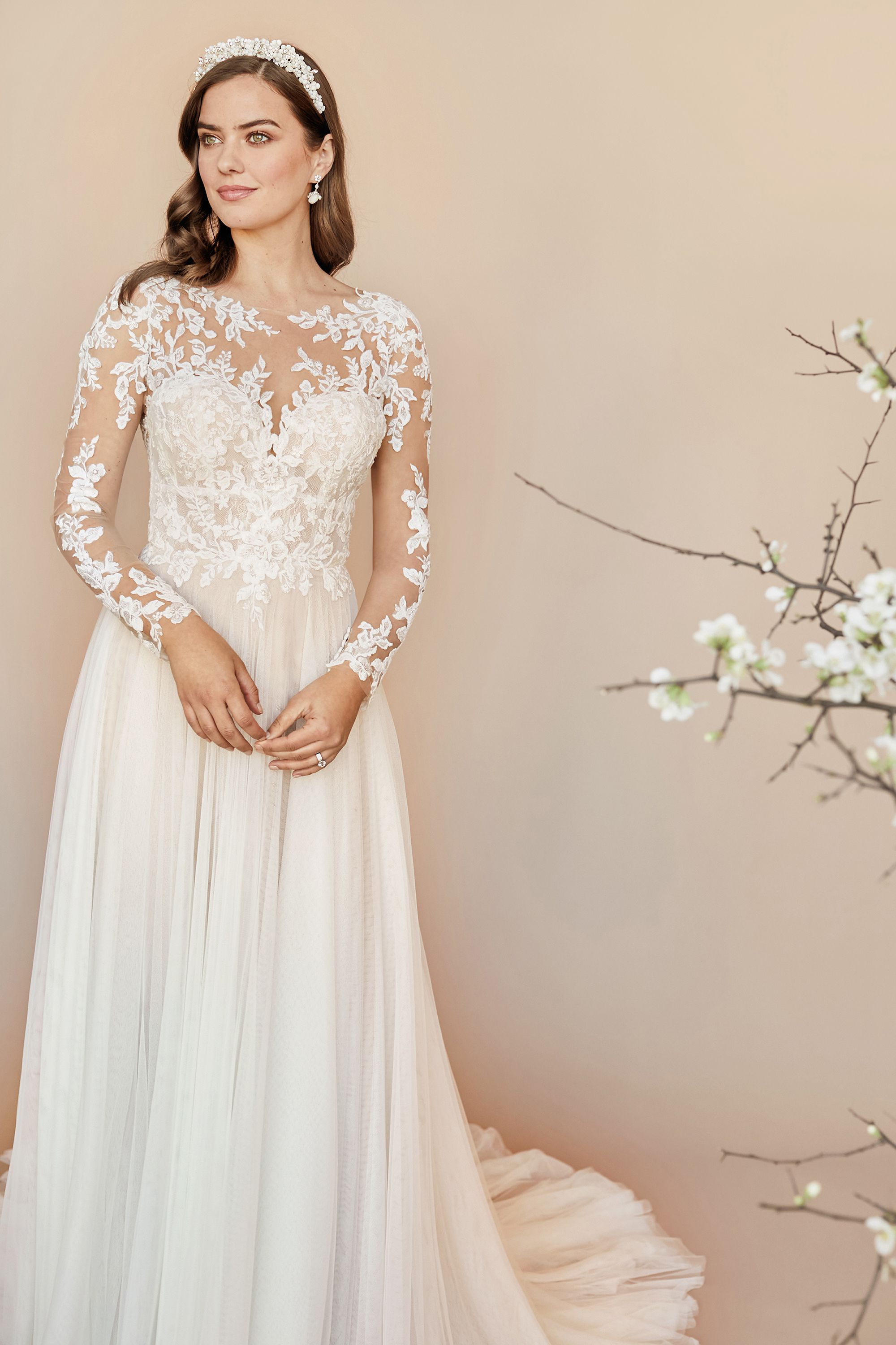 Darby: Long Sleeve English Net A-Line Dress | Justin Alexander
