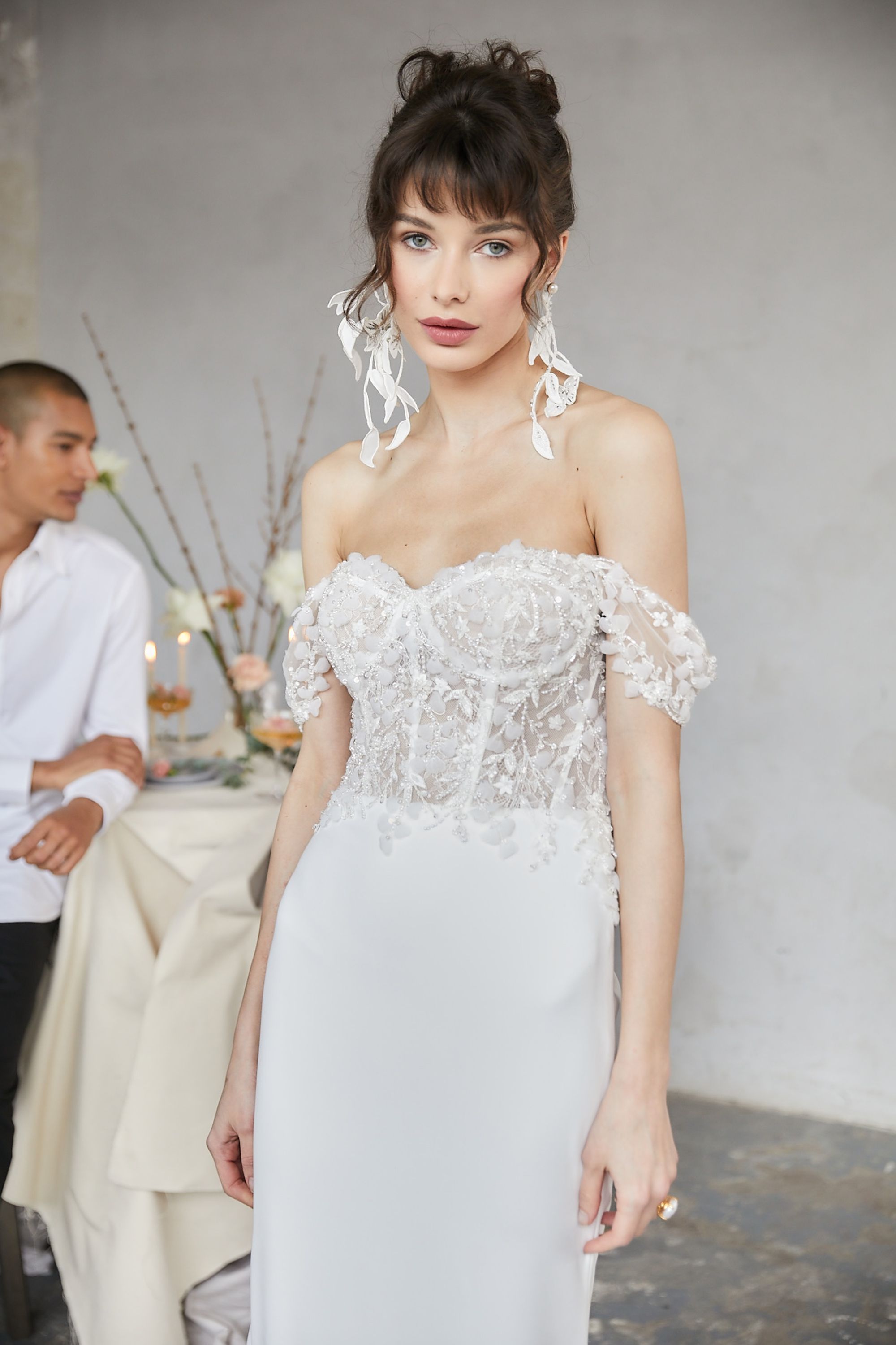 JAMIE: Beaded Crepe Fit and Flare Wedding Gown with Detachable Straps ...