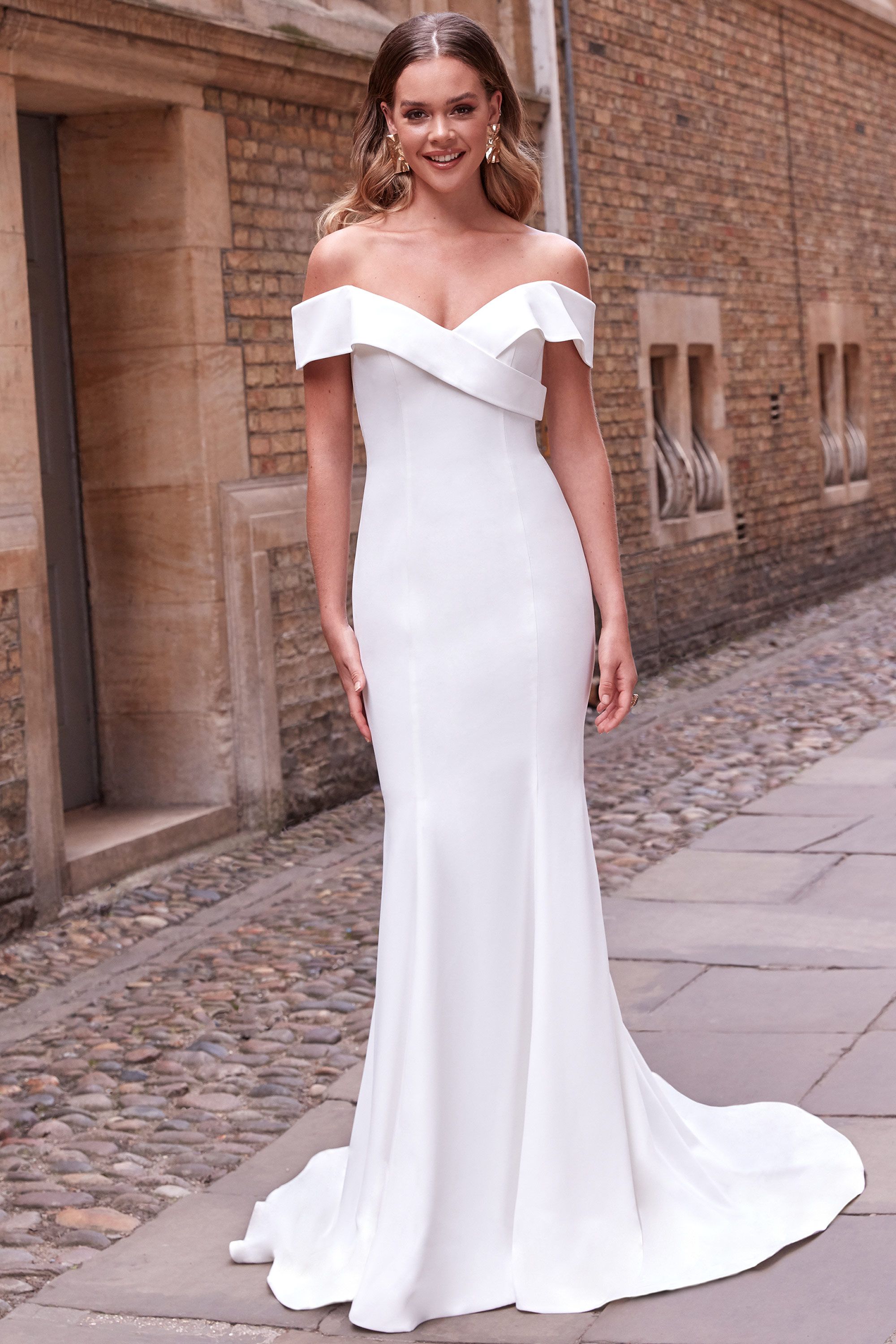 Asher: Cuffed Off the Shoulder Crepe Fit and Flare Wedding Dress ...