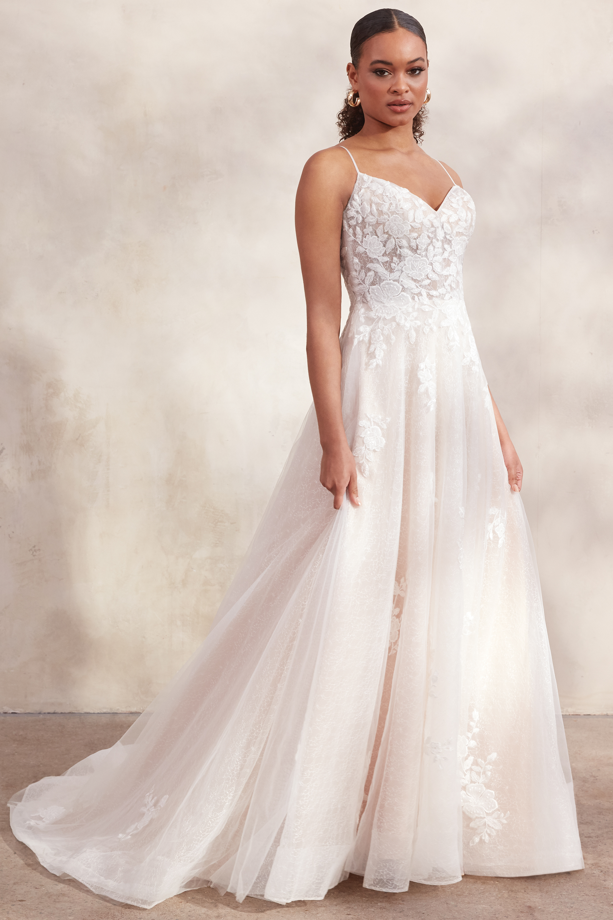 Elena: Bikini Neck A-Line Gown with Laser Cut Appliqués | Adore by ...