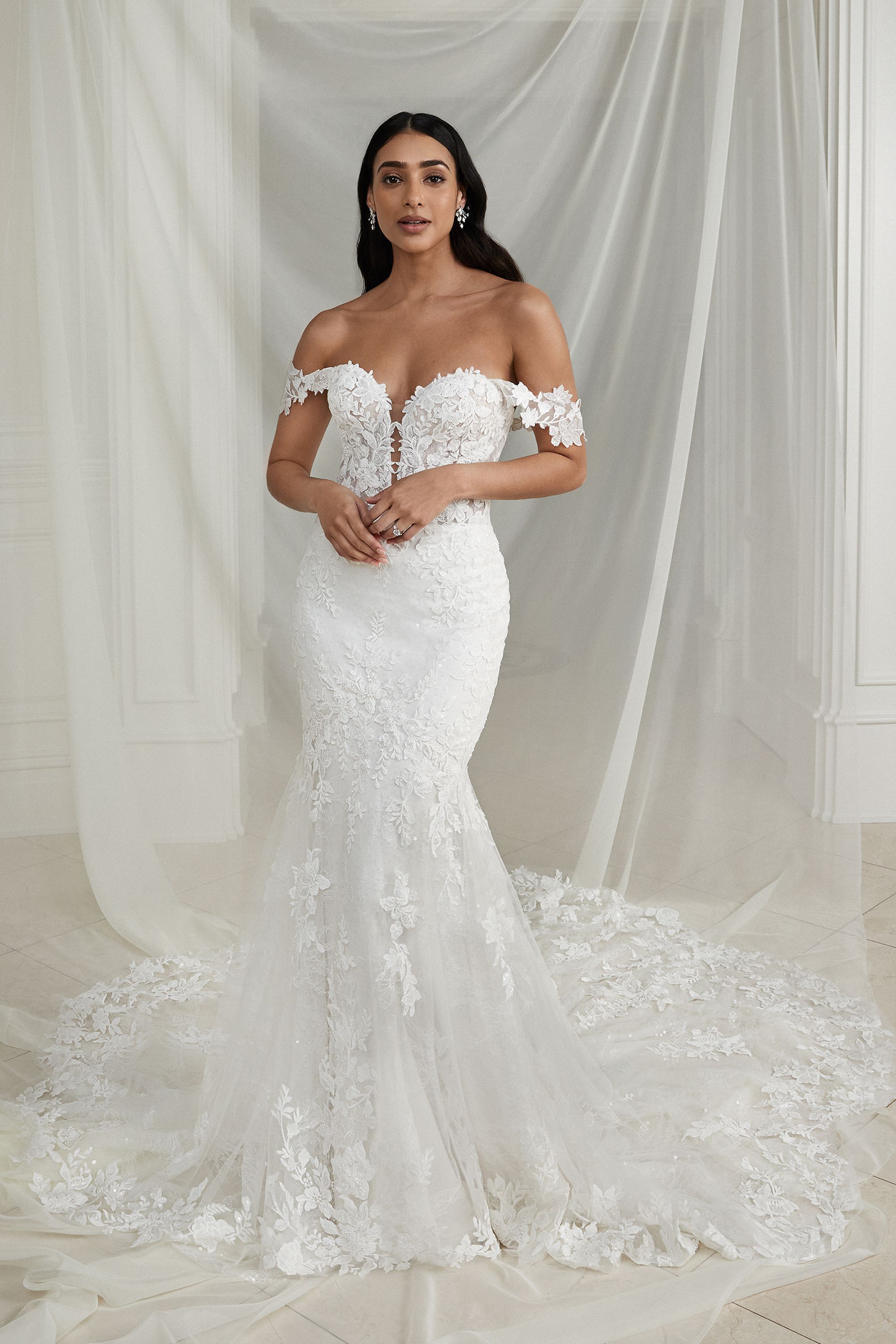 Elissa Lace Fit and Flare Gown with Detachable Off the Shoulder Straps Justin Alexander