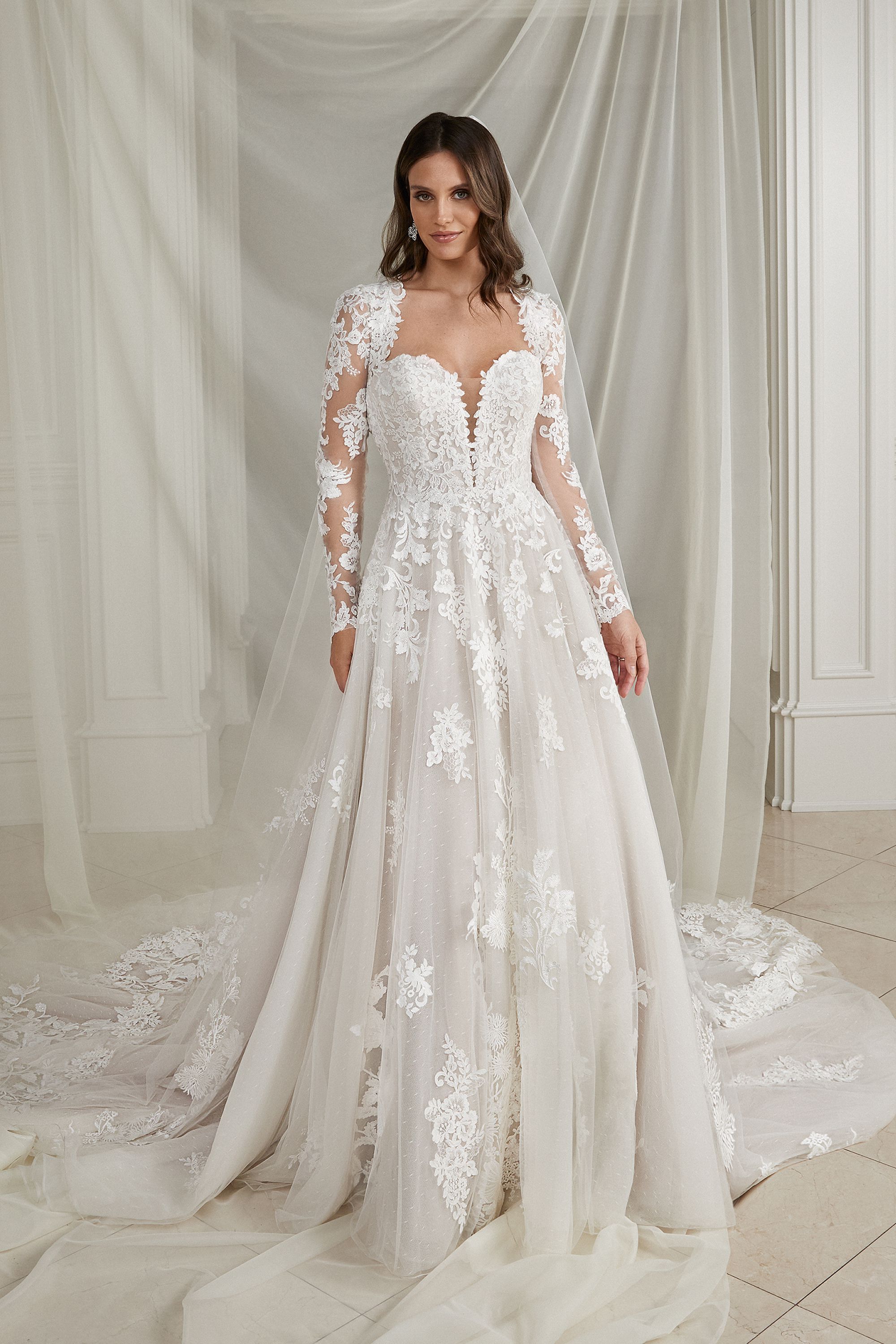 Eleanor: Tulle and Lace A-Line Gown with Plunging Queen Anne Neckline ...