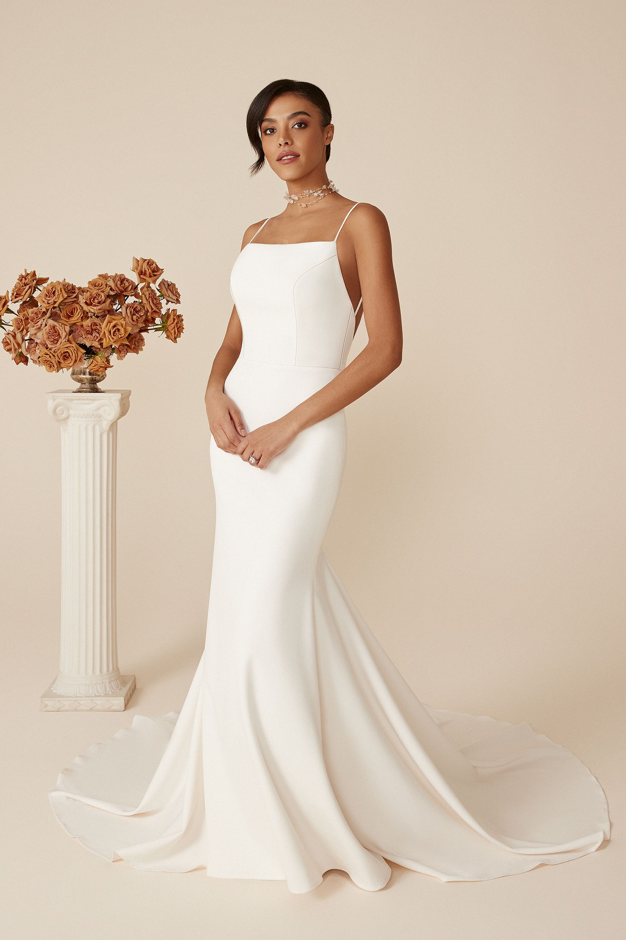Declan: Square Neckline Stretch Crepe Gown with Low Back | Justin Alexander
