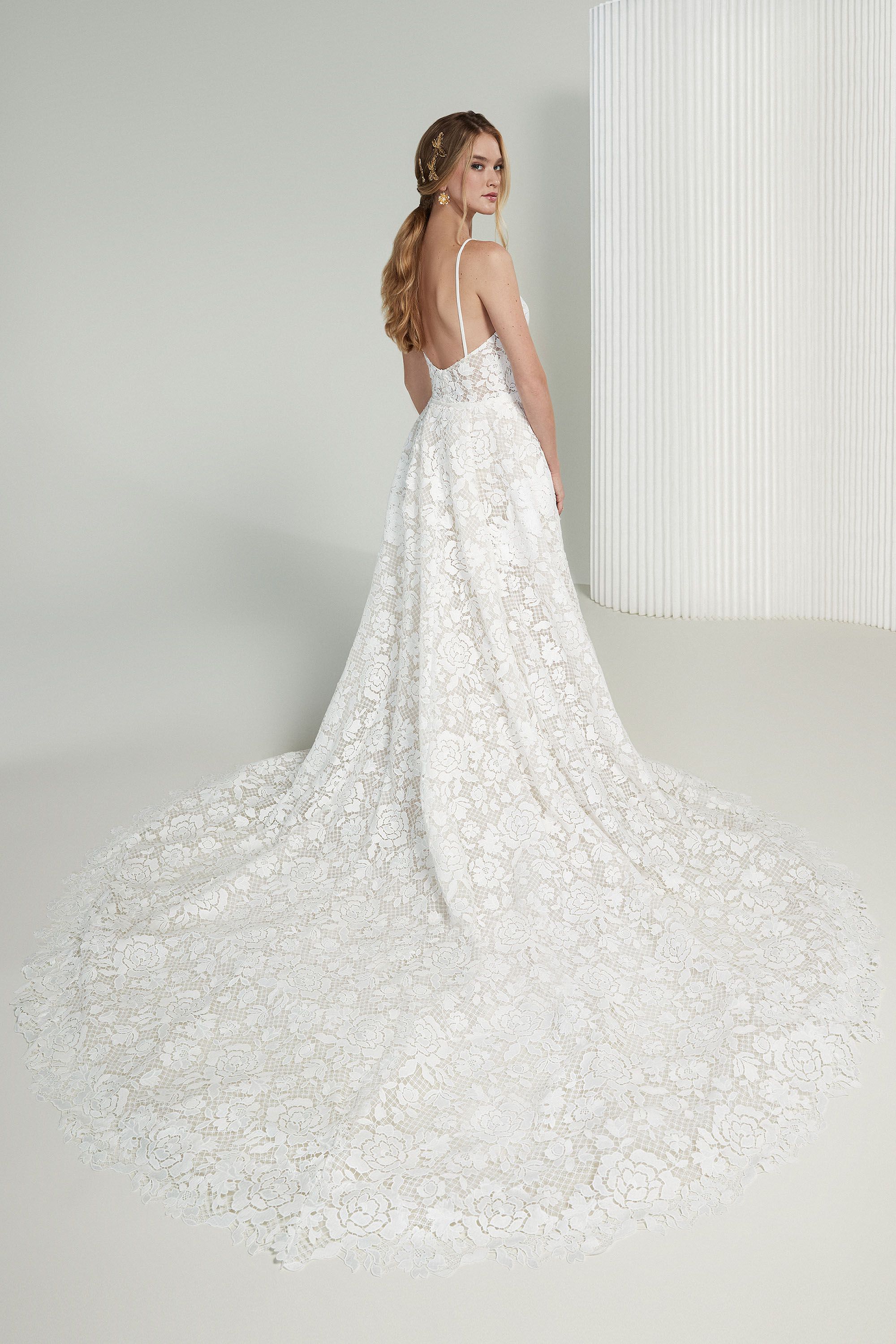 MERYL: Allover Cotton Lace Fit and Flare Dress with Bikini Neckline ...