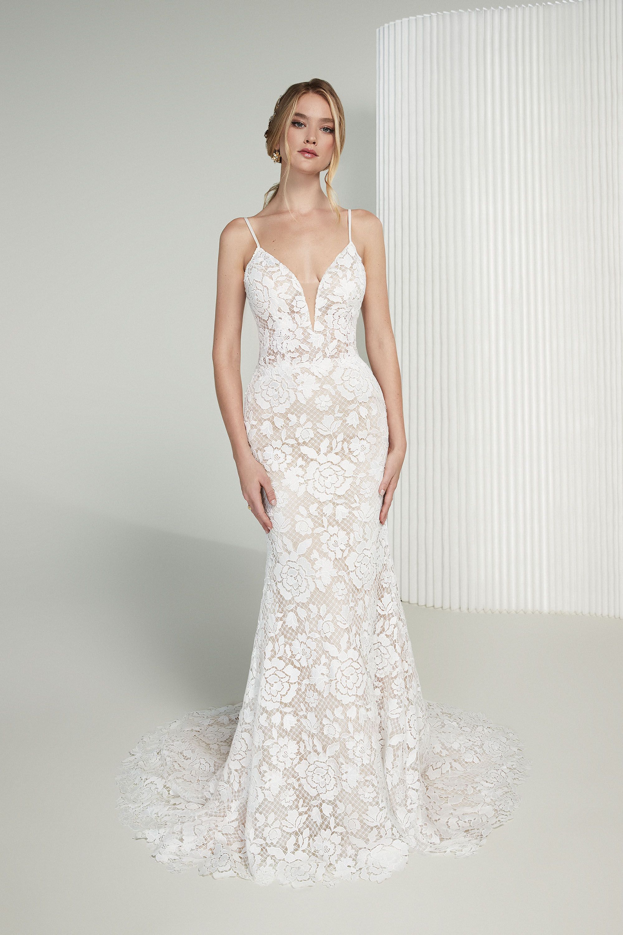 MERYL: Allover Cotton Lace Fit and Flare Dress with Bikini Neckline ...