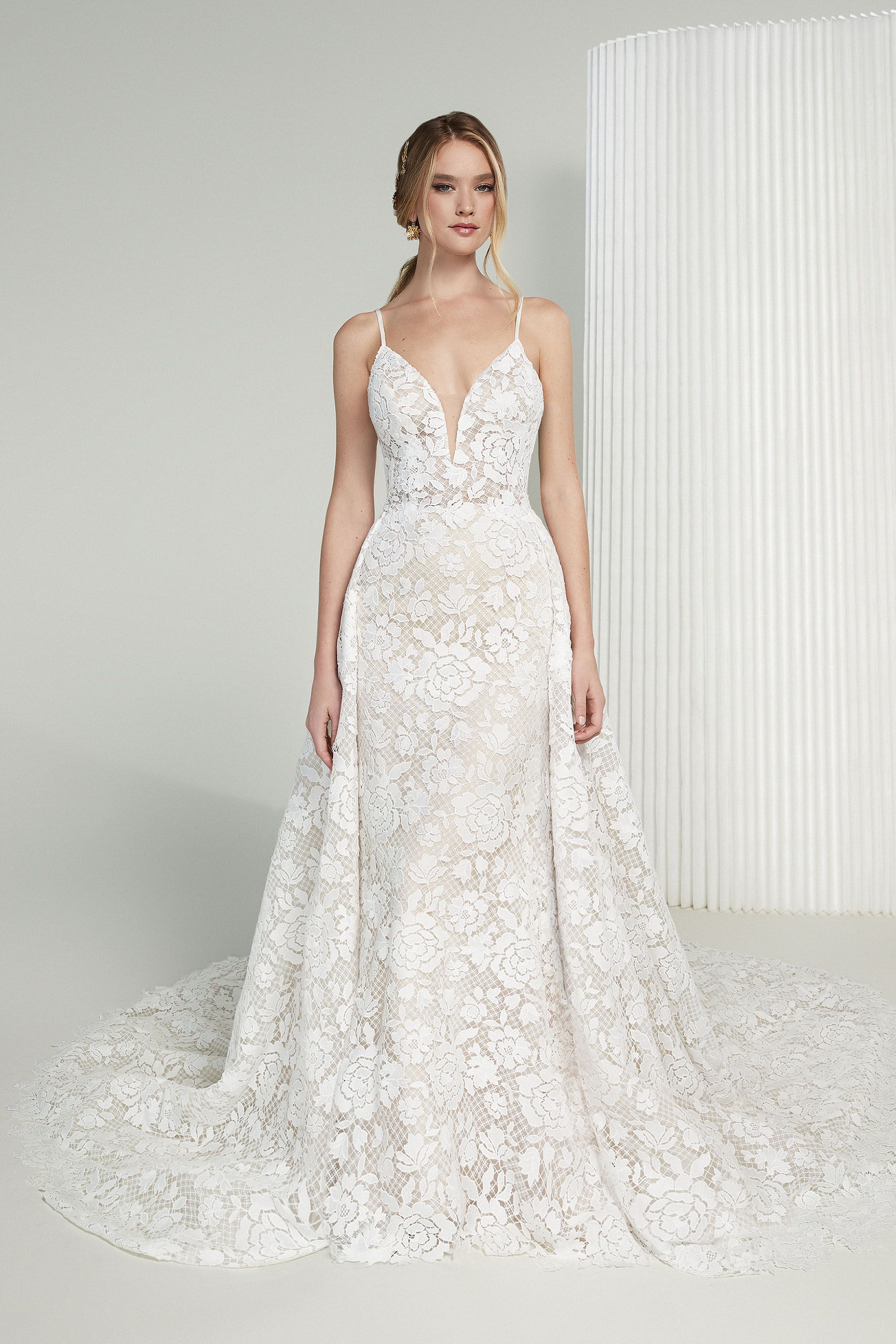 MERYL: Allover Cotton Lace Fit and Flare Dress with Bikini Neckline ...