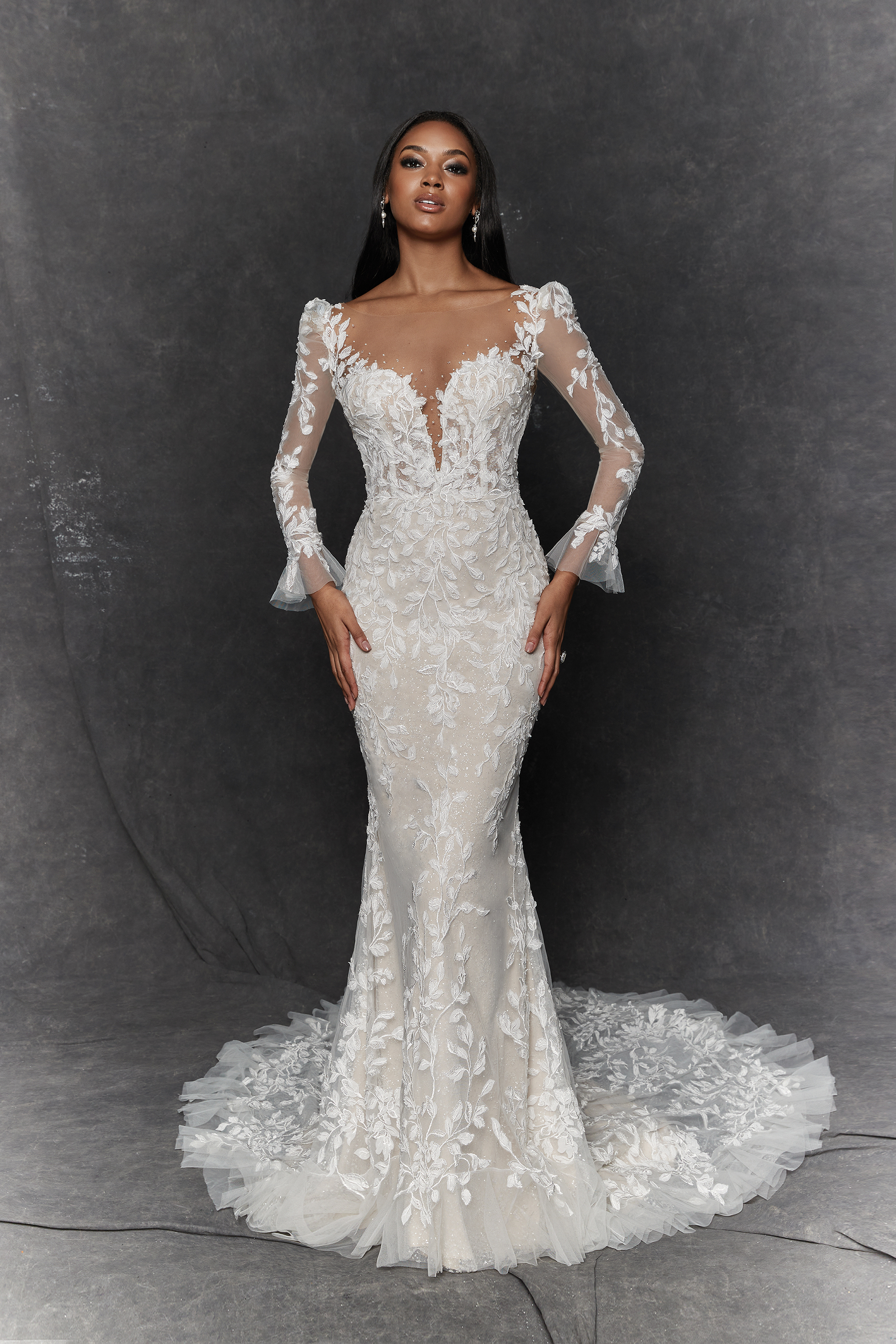 TERRA: Lace Fit and Flare Dress with Illusion Neckline and Bell Sleeves ...