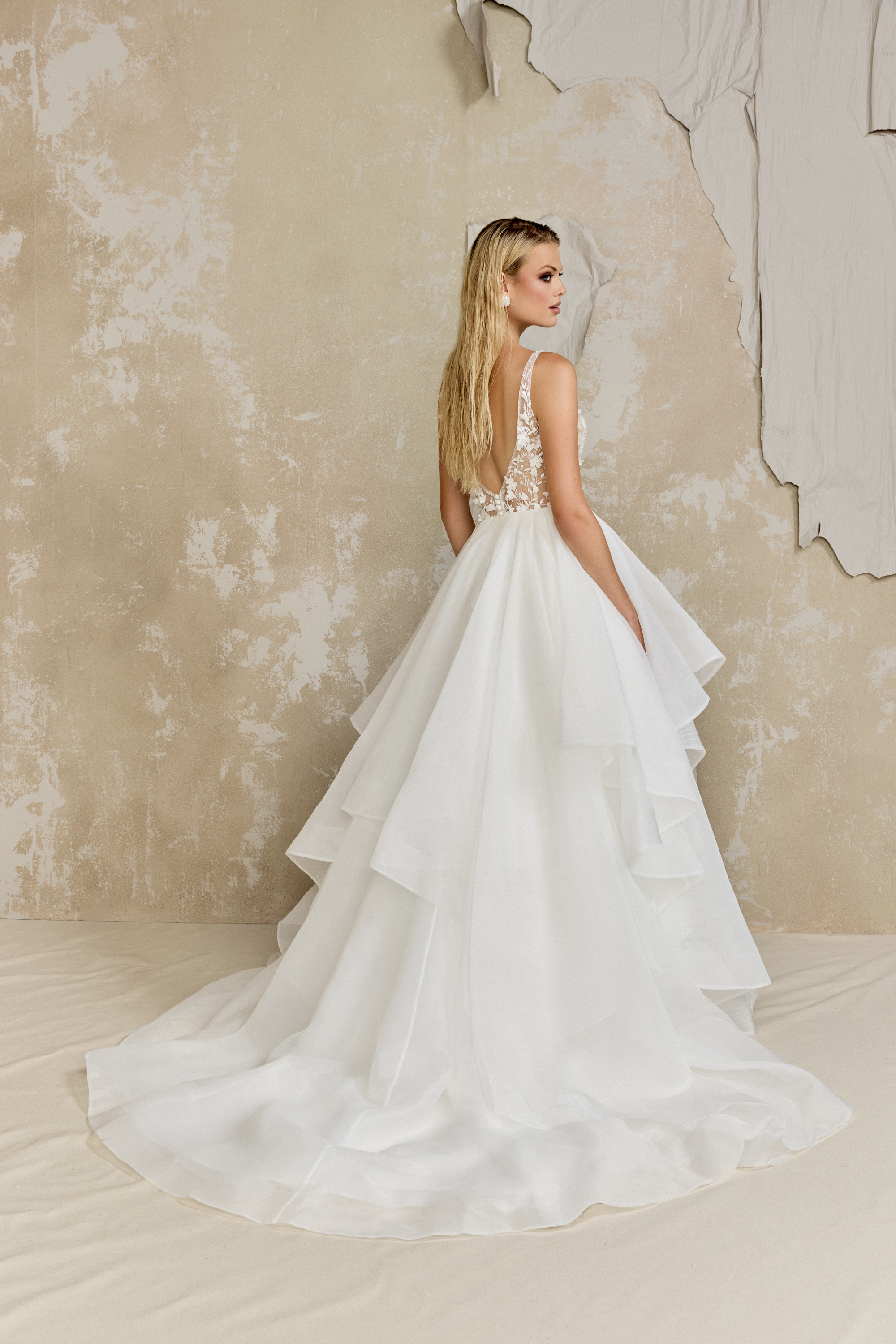 LARKIN: Organza Ruffle Skirt Ball Gown with Plunging Illusion Bodice ...