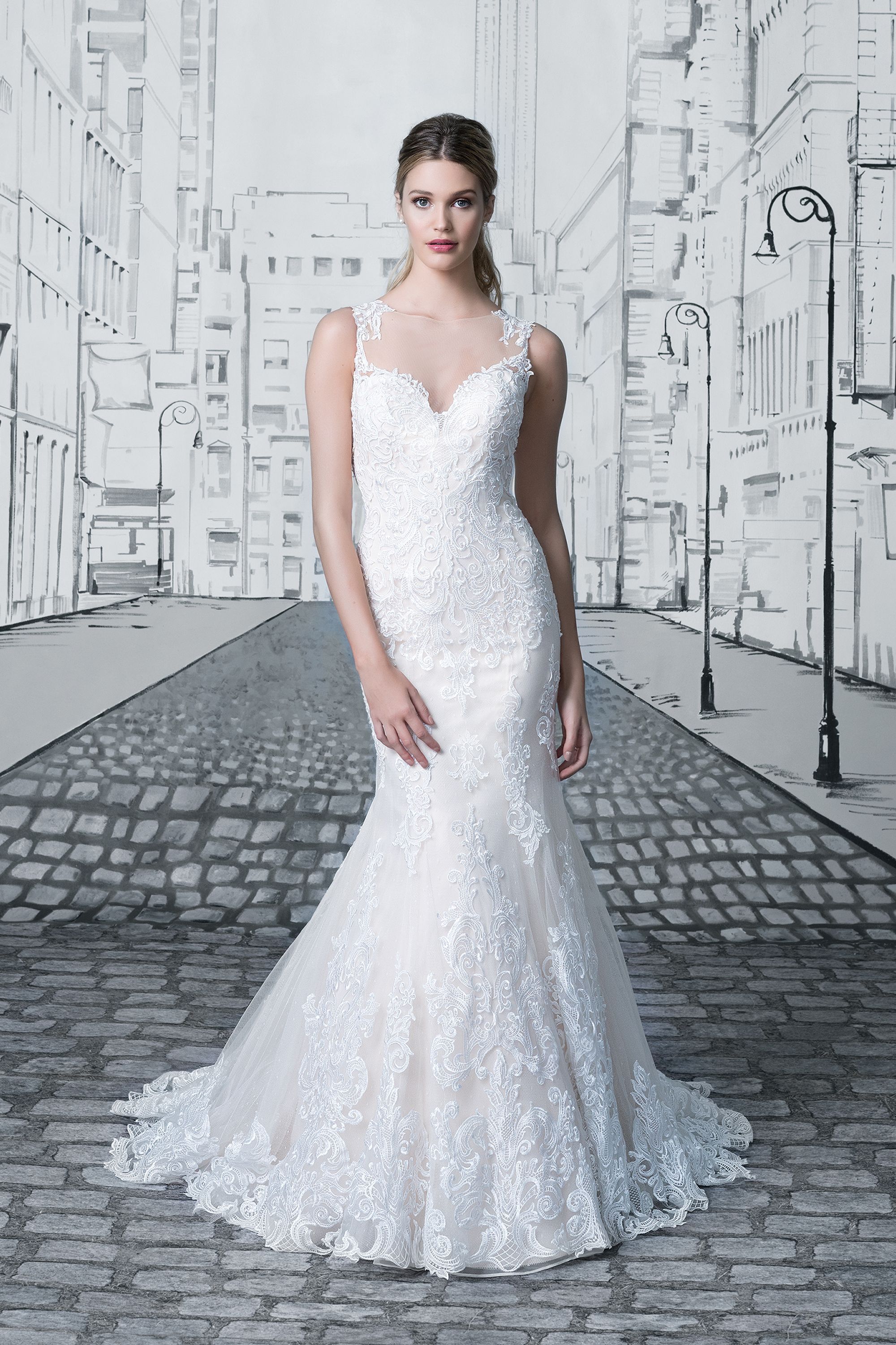 8909: Lace Fit and Flare Gown with Detachable Monarch Train | Justin ...