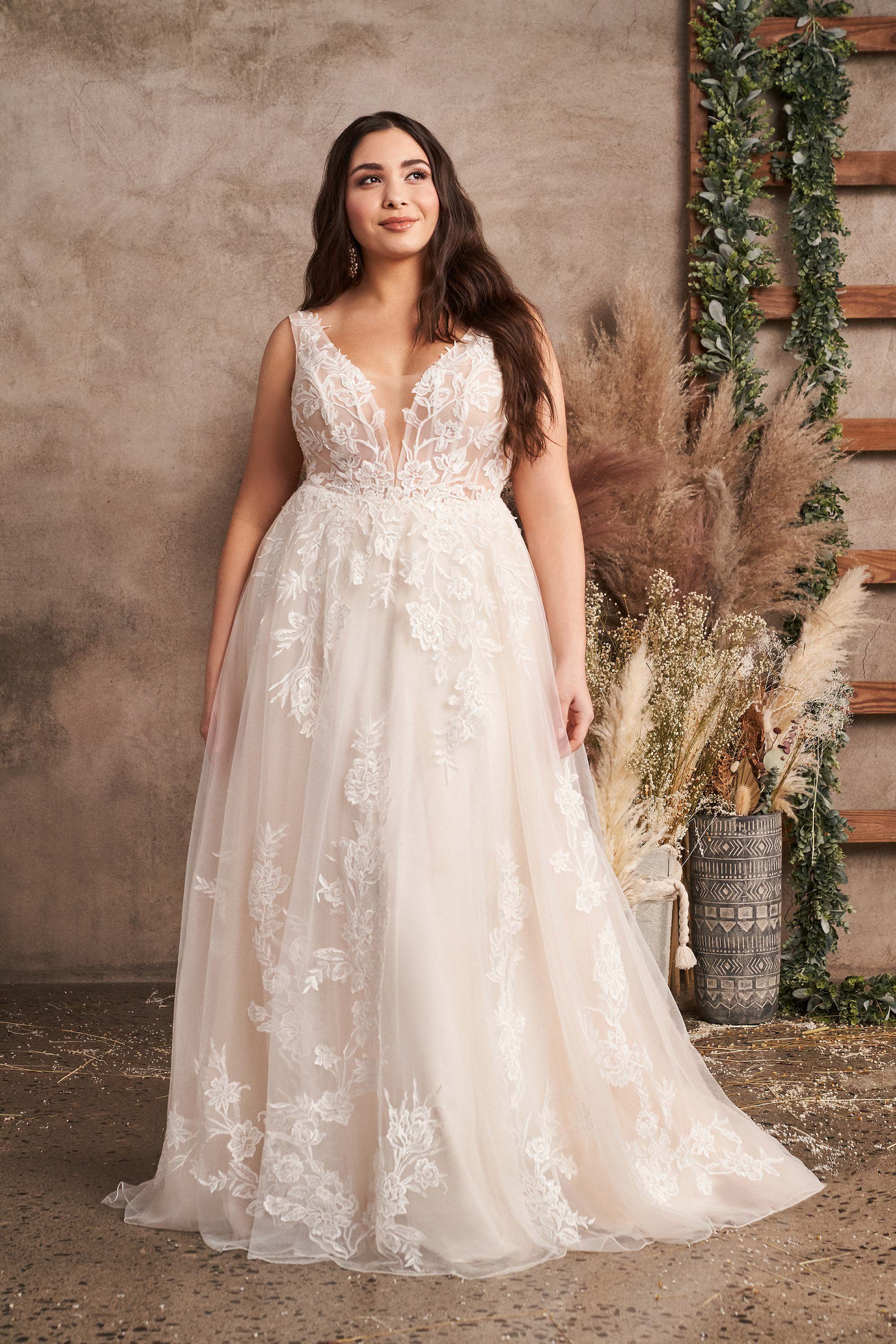 66063PS: Plunging V-Neck Plus Size A-Line Gown with Sequined Lace ...