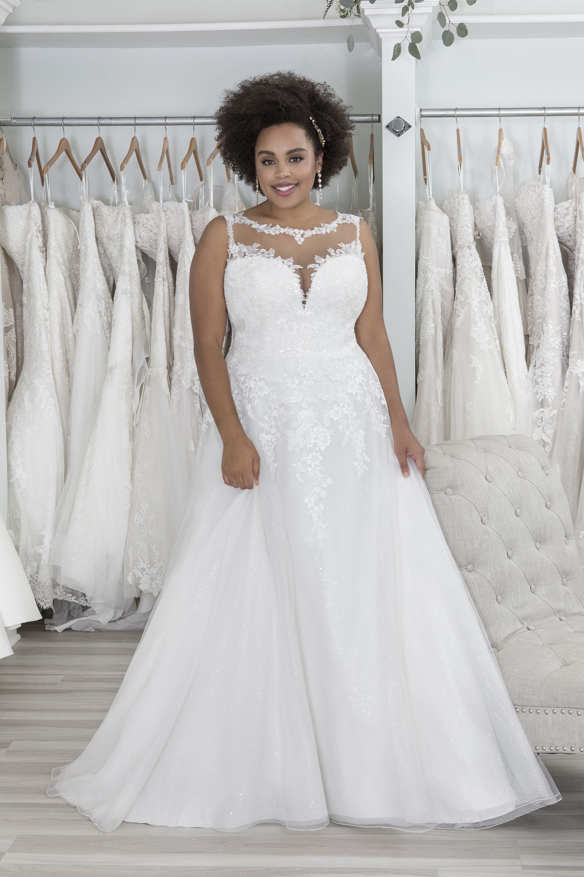 44252PS: Plus Size Glitter Tulle Gown with Sabrina Neckline and ...